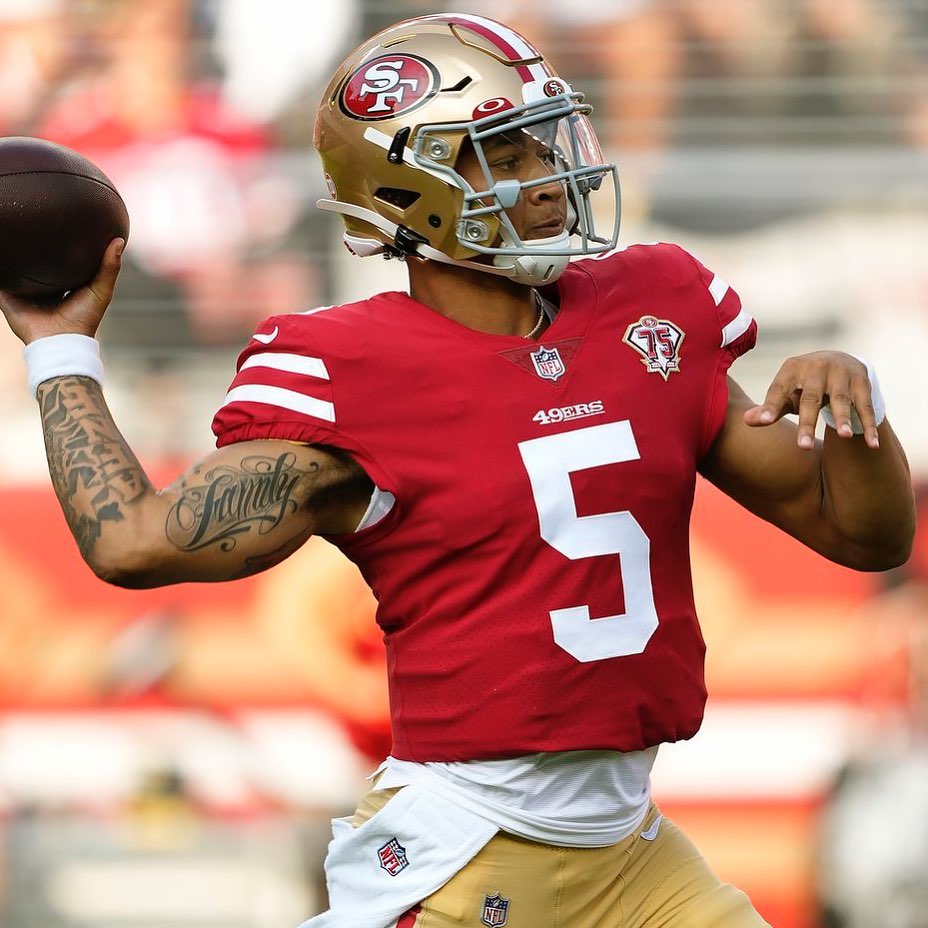 @trey.lance Nice 80 yards throw and catch to @trent.sherfield16 for TD ...